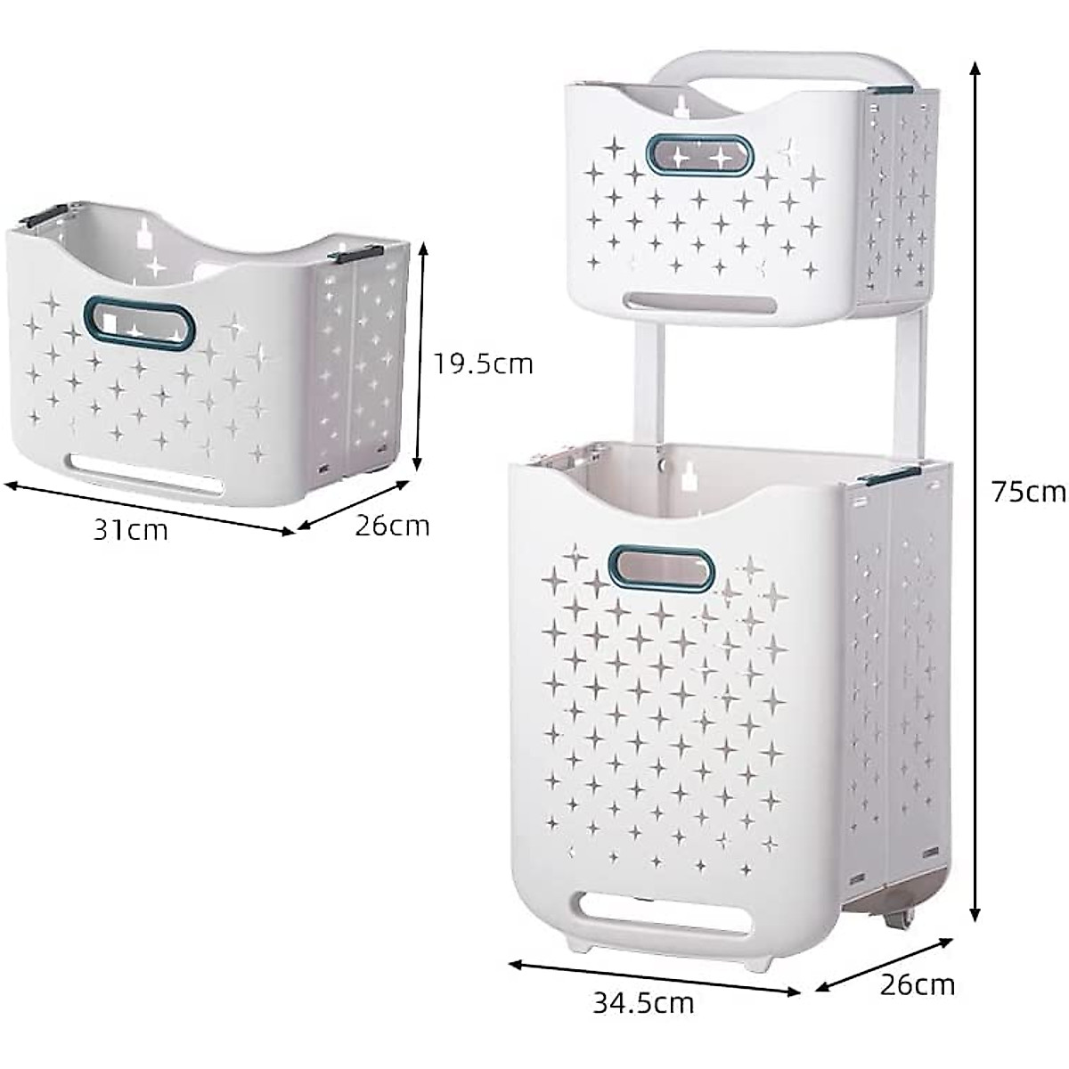 Laundry Baskets on Wheels, Laundry Trolley, Laundry Collector with 2 Layers, 2 Storage Baskets, Laundry Sorter for Bedroom, Bathroom for Clothes and Toys, Total 77L, Plastic, 75x34.5x26cm (New)