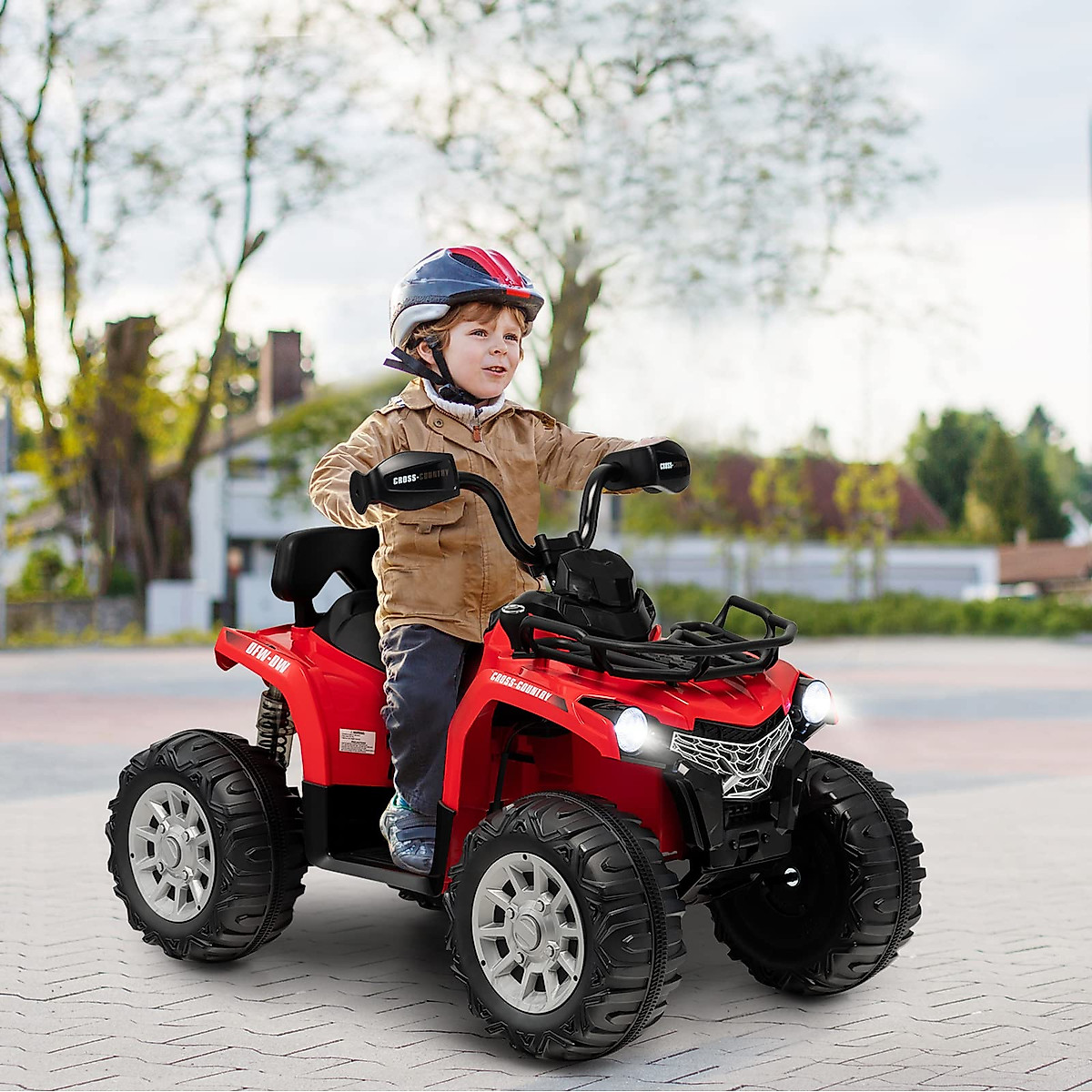 Costzon Kids ATV, 12V Battery Powered Electric Vehicle w/Music, Headlights, MP3, Spring Suspension, High & Low Speed, Treaded Tires, Storage Basket, Ride on 4 Wheeler Quad for 3-8 Years Old (Red)