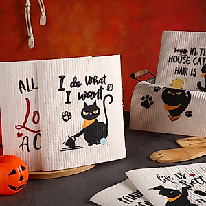 6 Pcs Funny Black Cat Swedish Kitchen Dishcloths, Reusable Sponge Swedish Cleaning Cloths Washable Dish Cloths Absorbent and Halloween Decorative Kitchen Towels Housewarming Gifts for Kitchen Bathroom