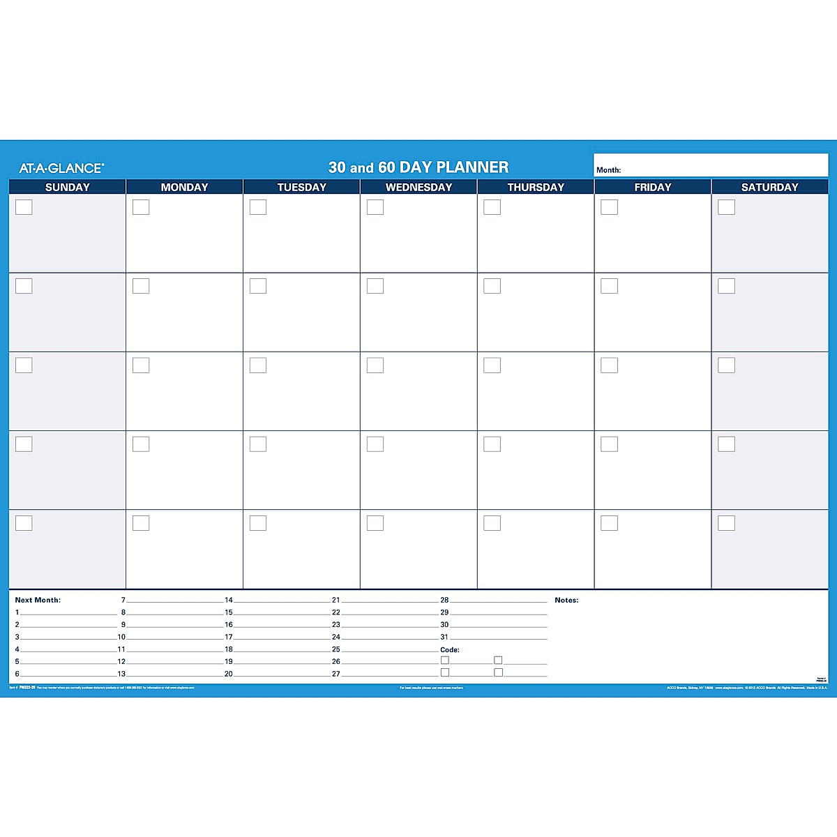 AT-A-GLANCE PM33328 30/60-Day Undated Horizontal Erasable Wall Planner, 48 x 32, White/Blue,