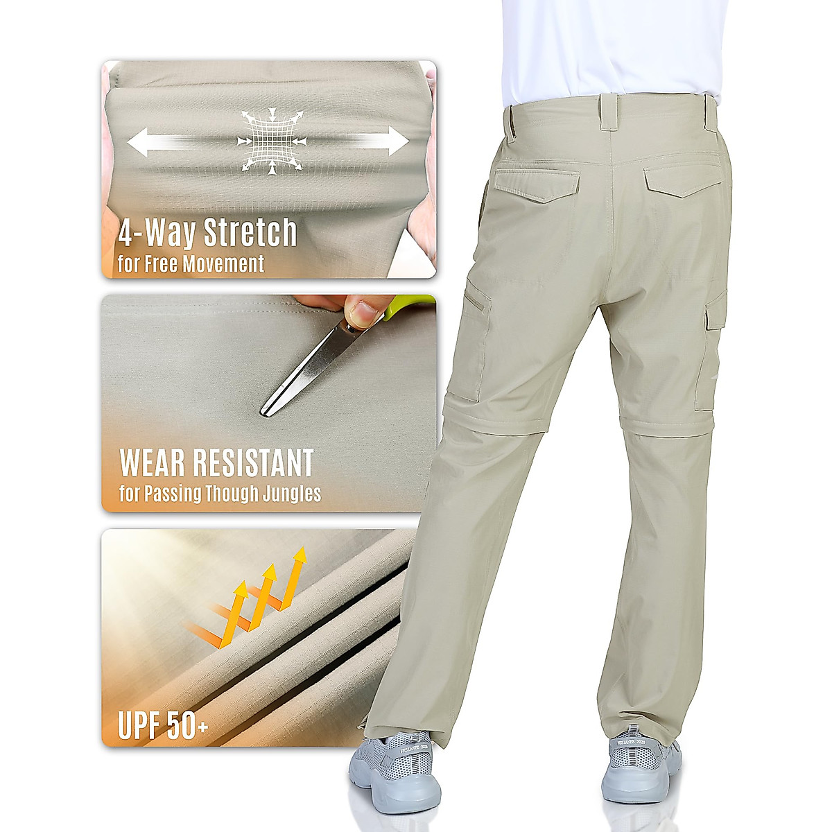Outdoor Ventures Mens Hiking Pants Lightweight Quick Dry Convertible Pants, Stretch Zip-Off Cargo Pants for Travel Fishing Beige