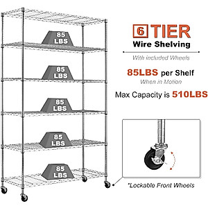 YRLLENSDAN 6-Tier Steel Storage 2100Lbs Capacity Wire Shelving W/Wheels Heavy Duty Metal Shelves Adjustable Steel Shelving Shelving Rack for Kitchens garages,18"x48"x82", Chrome