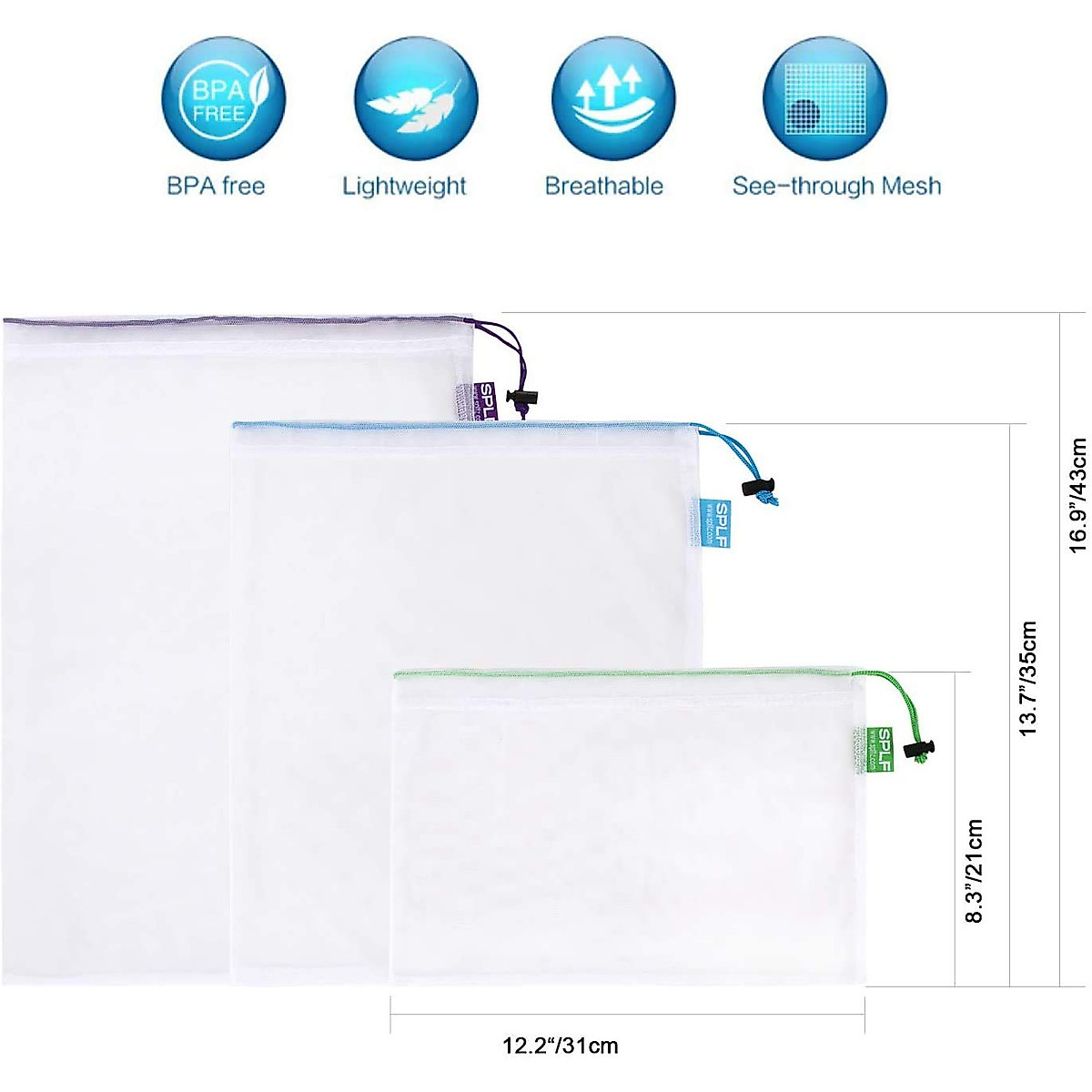 SPLF 18 Pcs Heavy Duty Reusable Mesh Produce Bags, Barcode Scanable See Through Food Safe Mesh Bags with Drawstring for Fruits, Vegetable, Food, Toys, Grocery Storage