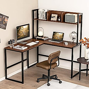 Tangkula Reversible L-Shaped Desk with Hutch, Space Saving Corner Computer Desk with Storage Shelves, Home Office Study Writing Desk Computer Workstation with Storage Bookshelf, Gaming Desk