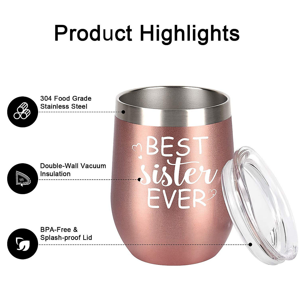 GINGPROUS Best Sister Ever Wine Tumbler with Lid, Sisters Birthday Gifts from Sister Brother Sister in Law Wine Tumbler, Stainless Steel Insulated Wine Tumbler with Straw (12 Oz, Rose Gold)