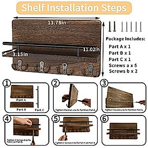 AIVIIN Key Holder for Wall Mail Organizer Wall Mount with 4 Double Key Hooks, Mail Holder Wall Mount with Shelf, Rustic Home Decor for Entryway Mudroom Hallway Office (13.78” X 11.02” X 3.15”) (Brown)