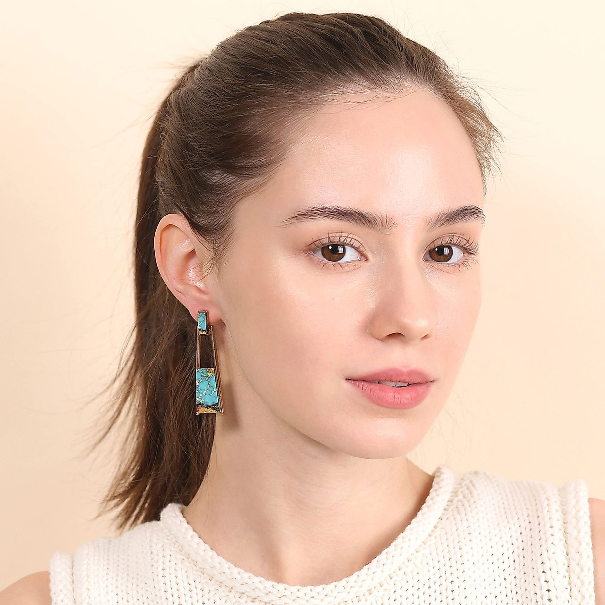 BONALUNA Bohemian Wood And Marble Effect Oblong Shaped yellow-gold-plated-bronze Drop Statement Earrings (TURQUOISE)