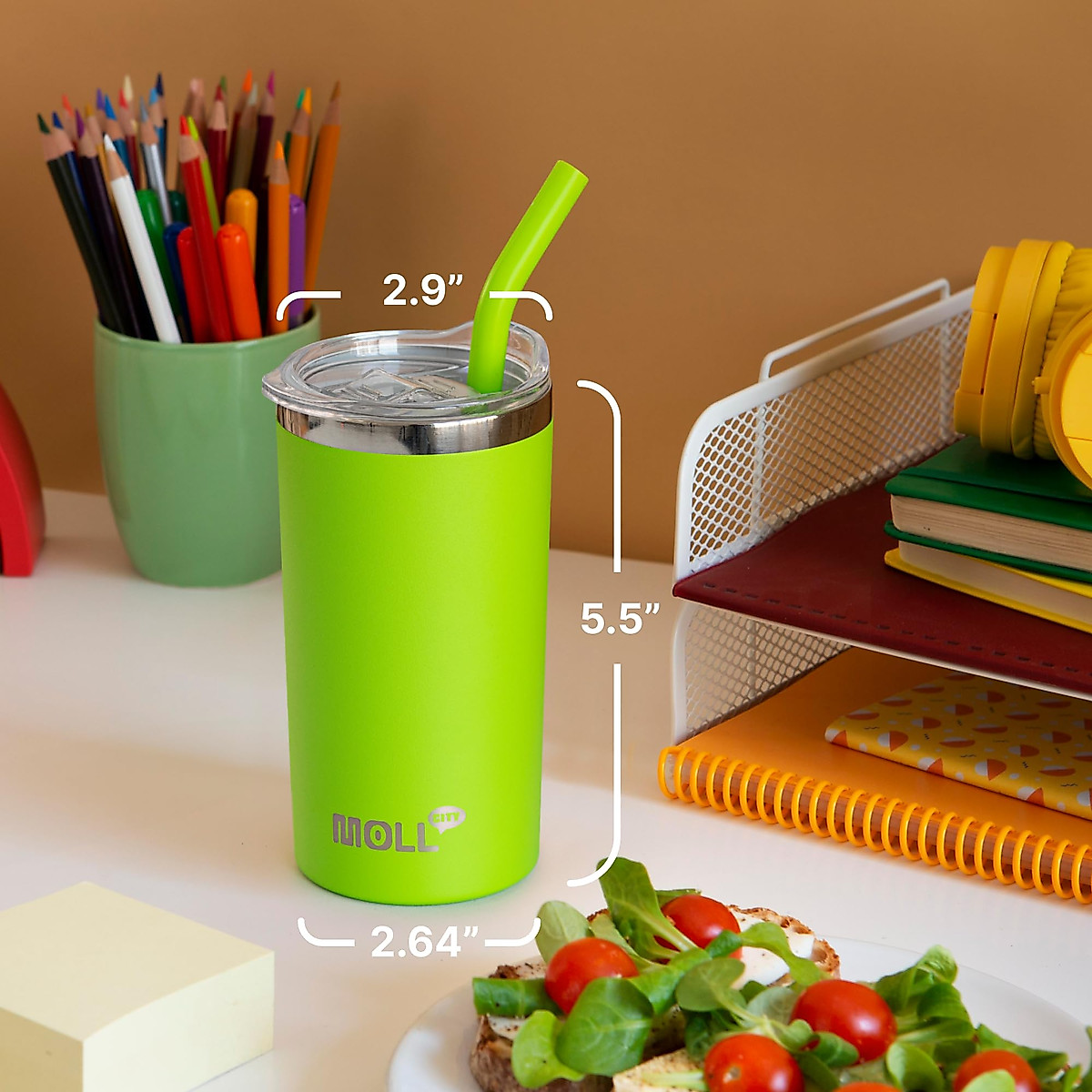 Mollcity Kids Cup with Lids and Straws-12 oz Stainless Steel Double Wall Vacuum Insulated Skinny Tumbler for Girls, Leak Proof and BPA Free (Canyon Red-Sky Blue)