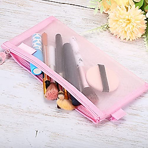 PATIKIL Mesh Cosmetic Bags, 5 Pack Nylon A6 Size Pen Pencil Case Travel Toiletry Cosmetic Makeup Zipper Mesh Pouch Organizer for Office, Pink