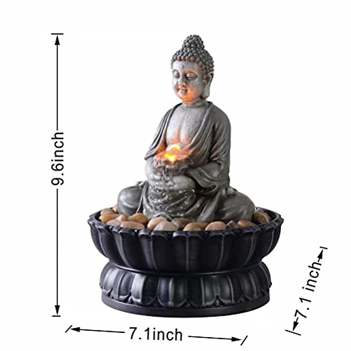 Haobos 9.4" Indoor Tabletop Fountain Exquisite Sitting Buddha Fountains Desk Water Fountain Decorative Zen Fountain w/Reflective Lighting/Cobblestone Office and Home Decor(21125B)