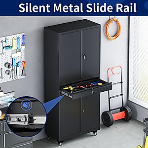 Yizosh Metal Garage Storage Cabinet with Locking Doors and Adjustable Shelves, Rolling Tool Storage Cabinet with 4 Wheels and 1 Drawer - 73" Steel Locking Cabinet for Garage, Warehouse (Black)