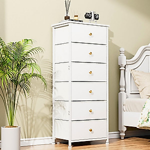 GipGiper Tall Skinny Dresser, Dresser for Bedroom, 6 Drawers Storage Organizer, White Fabric Dresser for Closet, with Sturdy Steel Frame, Metal Handle, Leather Front, Wood Top, Living Room, Nursery
