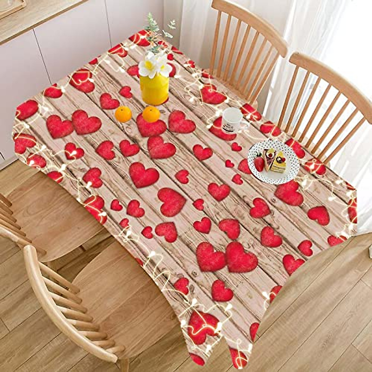 HQM Valentine's Day Table Top Collection Rectangle Fabric Red Love Classic Wooden Floor Tablecloth for Mother's Day Valentine's Day Wedding Home Kitchen Dining Decoration Table Runner 84x60inch