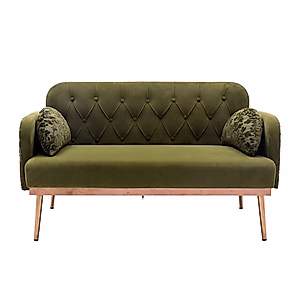 Anwickmak Twin Size Loveseat Accent Sofa Small Velvet Couch with Elegant Moon Shape 2 Pillows and Golden Metal Legs, for Living Room Bedroom Sofa with Tufted Backrest, (Green)
