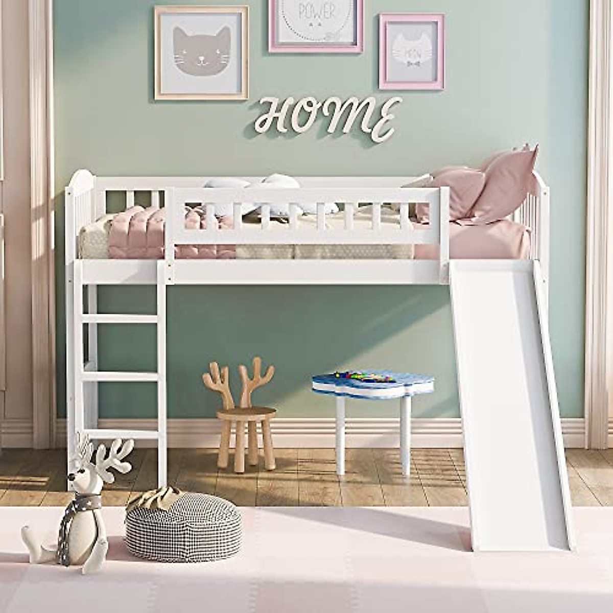 Merax Solid Wood Bunk Bed with Removable Slide and Ladder for Kids, No Box Spring Needed