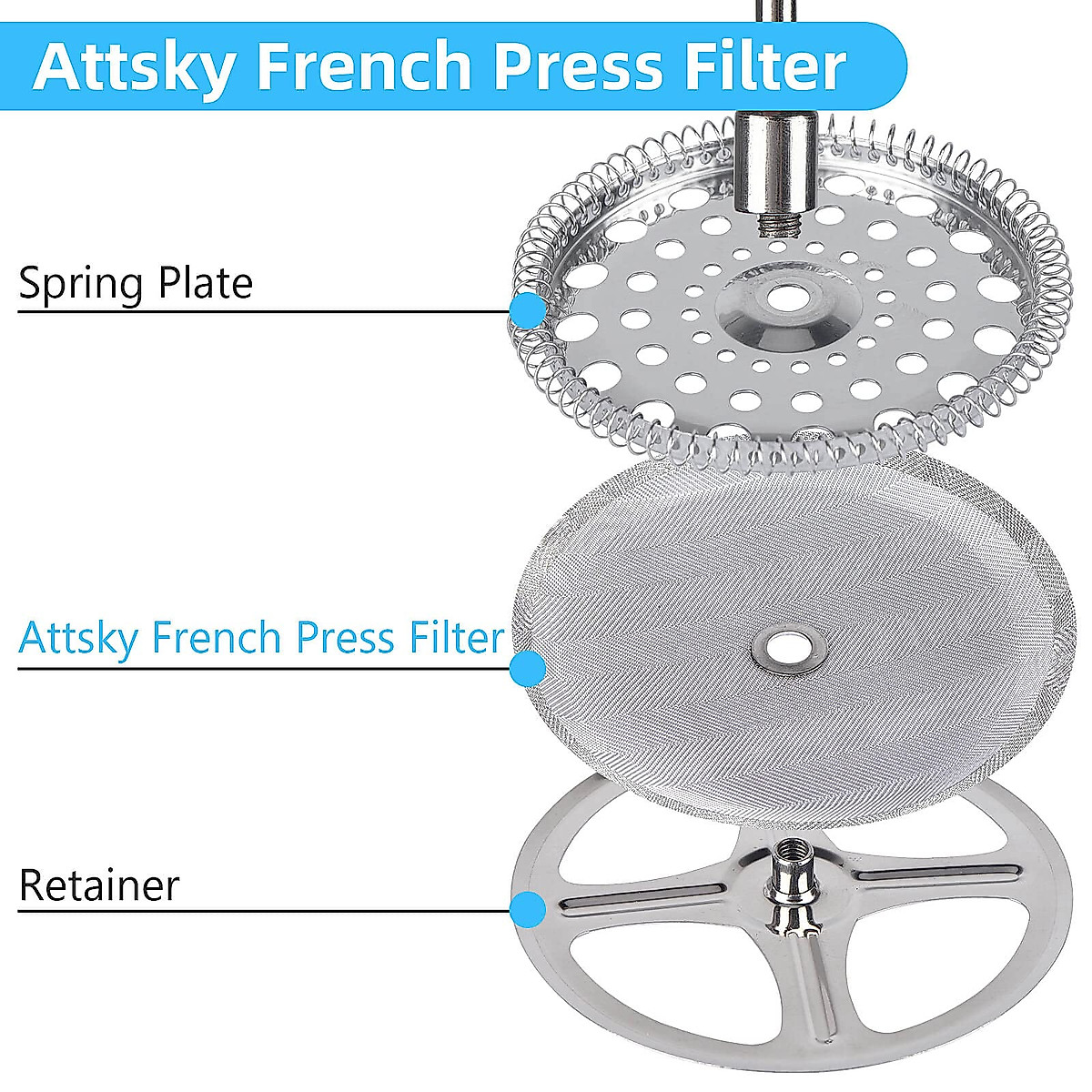 6 Pieces Attsky French Press Filter, 4 Inch Stainless Steel Mesh Screen and Replacement Parts for French Press Coffee Maker