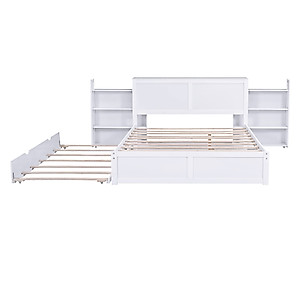Lifeand Queen Size Storage Platform Wooden Bed with Pull Out Shelves and Twin XL Size Trundle, White