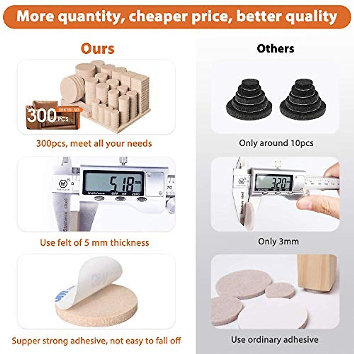 Furniture Pads 300 Pack Premium Furniture Felt Pads (Beige), Huge Quantity Self Adhesive Felt Pads, Anti Scratch Floor Protector for Furniture Legs Hardwood Floor with 60 Cabinet Door Bumpers