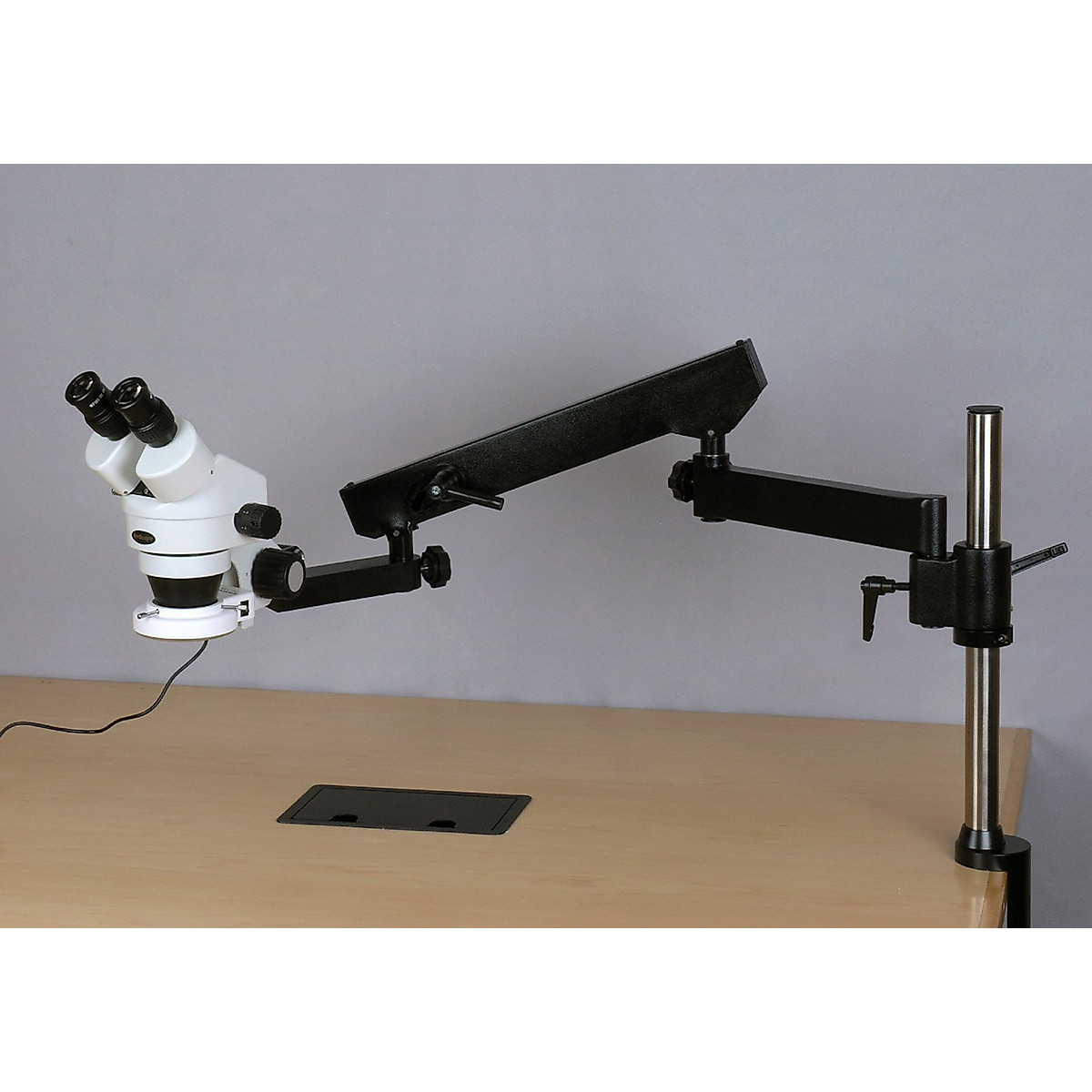 AmScope SM-8BZ-144S Professional Binocular Stereo Zoom Microscope, WH10x Eyepieces, 3.5X-90X Magnification, 0.7X-4.5X Zoom Objective, 144-Bulb LED Ring Light, Articulating-Arm Boom Stand, 110V-240V, Includes 0.5x and 2.0x Barlow Lenses