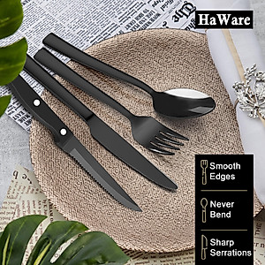 HaWare Black Silverware Set with Steak Knives, 48-Piece Stainless Steel Square Flatware Set for 8, Tableware Cutlery Set Includes Knives/Forks/Spoons, Modern & Elegant Design, Mirror Polished