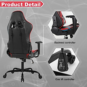 GOTMINSI Computer Gaming Chair with Headrest and Lumbar Cushion, Ergonomic Gaming Chair Office Chair 290lbs for Adults, Video Game Chairs Racing Chair High Back Leather Adjustable, (BK/Red)