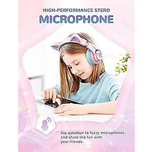 iClever Cat Ear Kids Bluetooth Headphones,LED Light Up On Ear Kids Wireless Headphones with Mic,74/85/94dB Volume Limited,50H Playtime,Bluetooth 5.2,Pink Headphones for iPad/Tablet/PC/Travel,BTH13
