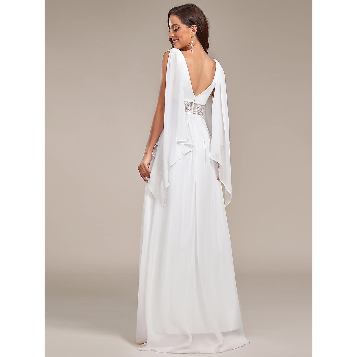 Ever-Pretty Women's Illusion Long Appliques A-line Chiffon Summer Wedding Dresses White US4