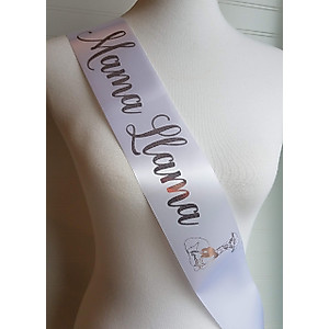 Amy's Bubbling Boutique Mama Llama Baby Shower Sash for Mom to Be White & Rose Gold with Adjustable Rhinestone Safety Pin