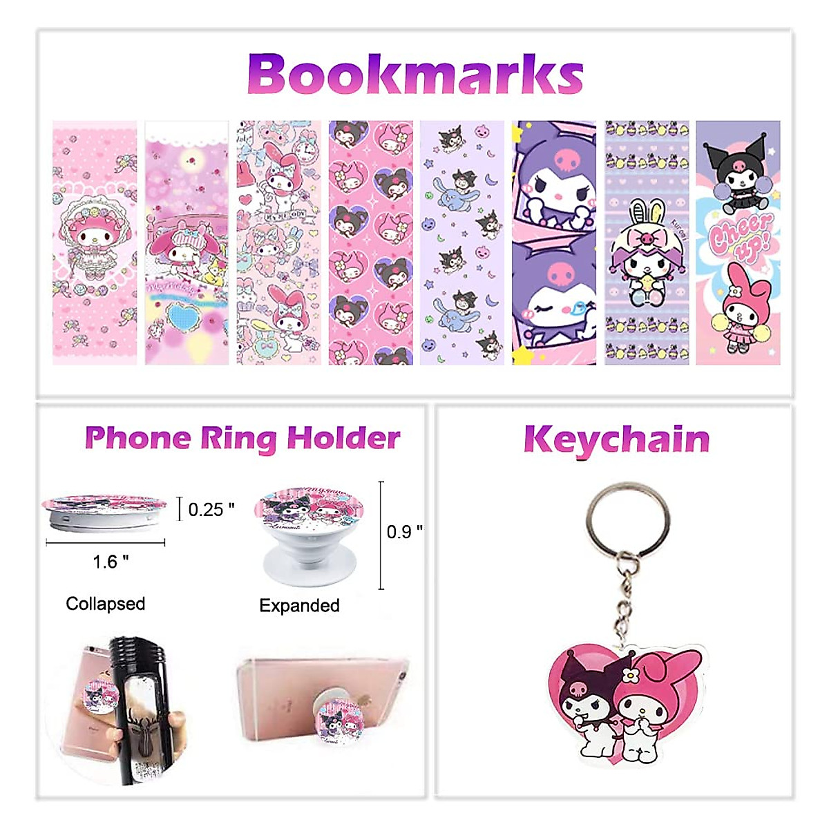 FETELAZ Cute Melody Kuromi Accessories School Supplies, Including Notebook Pencil Case Pens Stickers Button Pins Lanyard Keychain Ruler Bookmarks Phone Ring Holder