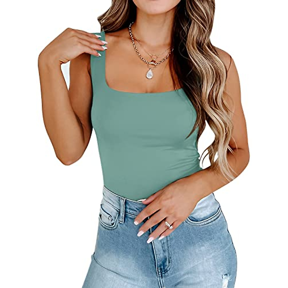 PINKMSTYLE Sleeveless Square Neck Tank Tops for Women Cute Double Layer Seamless Workout Tops Summer Shirts Light Green XX-Large