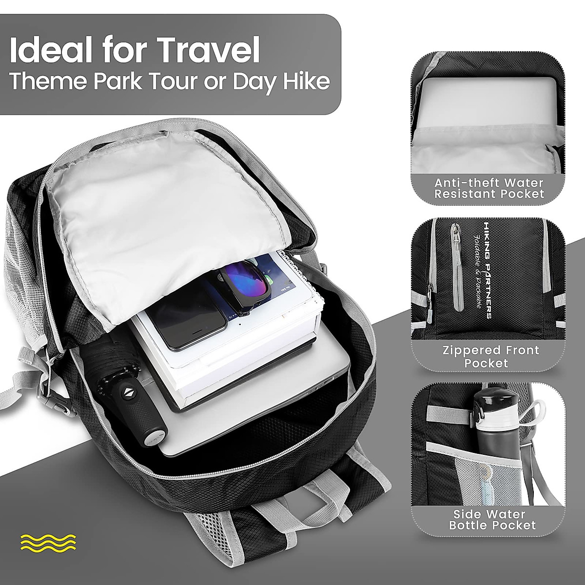 ZOMAKE Lightweight Packable Backpack - 35L Light Foldable Hiking Backpacks Water Resistant Collapsible Daypack for Travel(Black)