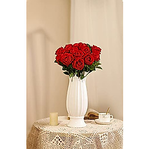 Luyue 10 Pack Artificial Velvet Roses Fake Red Rose Silk Flowers with Stem Floral Gift for Wedding Arrangement Party Home Decor-Red