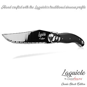 Chopmate Laguiole Premium Steak Knife Set - 4.5 inch - Classic Black Edition - Razor Sharp Kitchen Knives - Forged Stainless Steel - Full Tang Handle - 6 Piece Set + Wood Storage Display Block