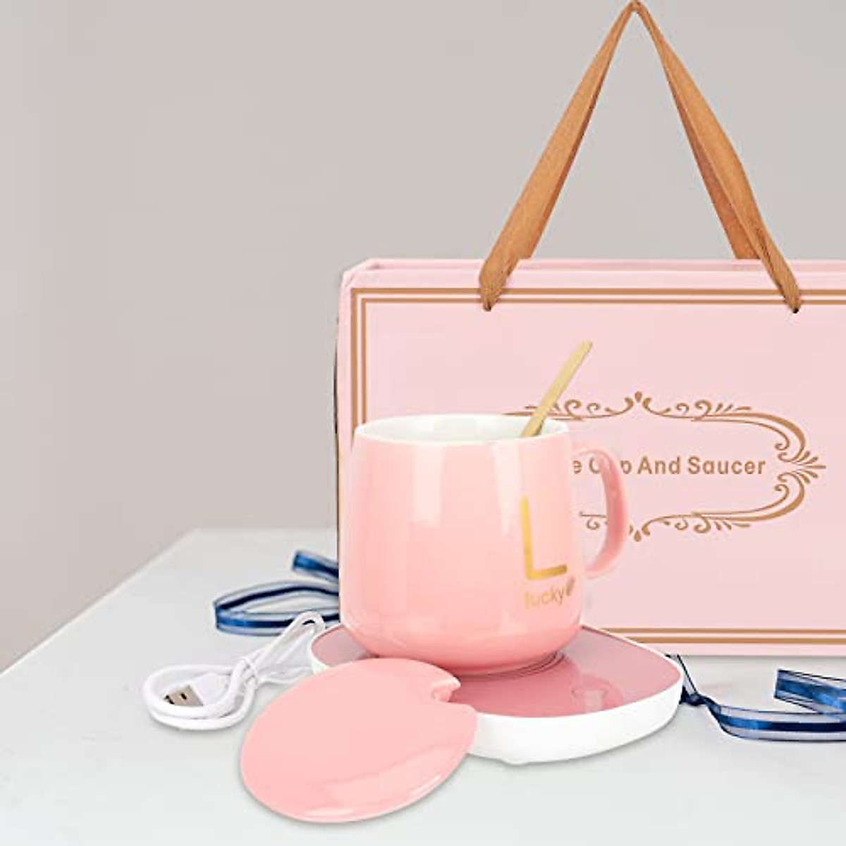 LIFKOME Coffee Mug Warmer with Mug Set Coffee Cup Warmer USB Heating Water Cup Drinking Cup Coffee Cup Mug Warmer for Desk with Auto Shut Off-with Gift Box