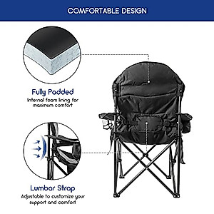 Coastrail Outdoor Camping Chair Oversized Padded Folding Quad Arm Chairs with Lumbar Back Support, Cooler Bag, Cup Holder & Side Pocket, Extra Head Pocket, Supports 400 lbs,Black