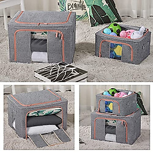 66L Clothes Storage Bins with Metal Frame, Fiberboard Bottom Thick Cotton Linen Protect from Moisture Dust Double Opening Zipper Perfect for Clothing Toys Sheets Blankets (Set of 3)