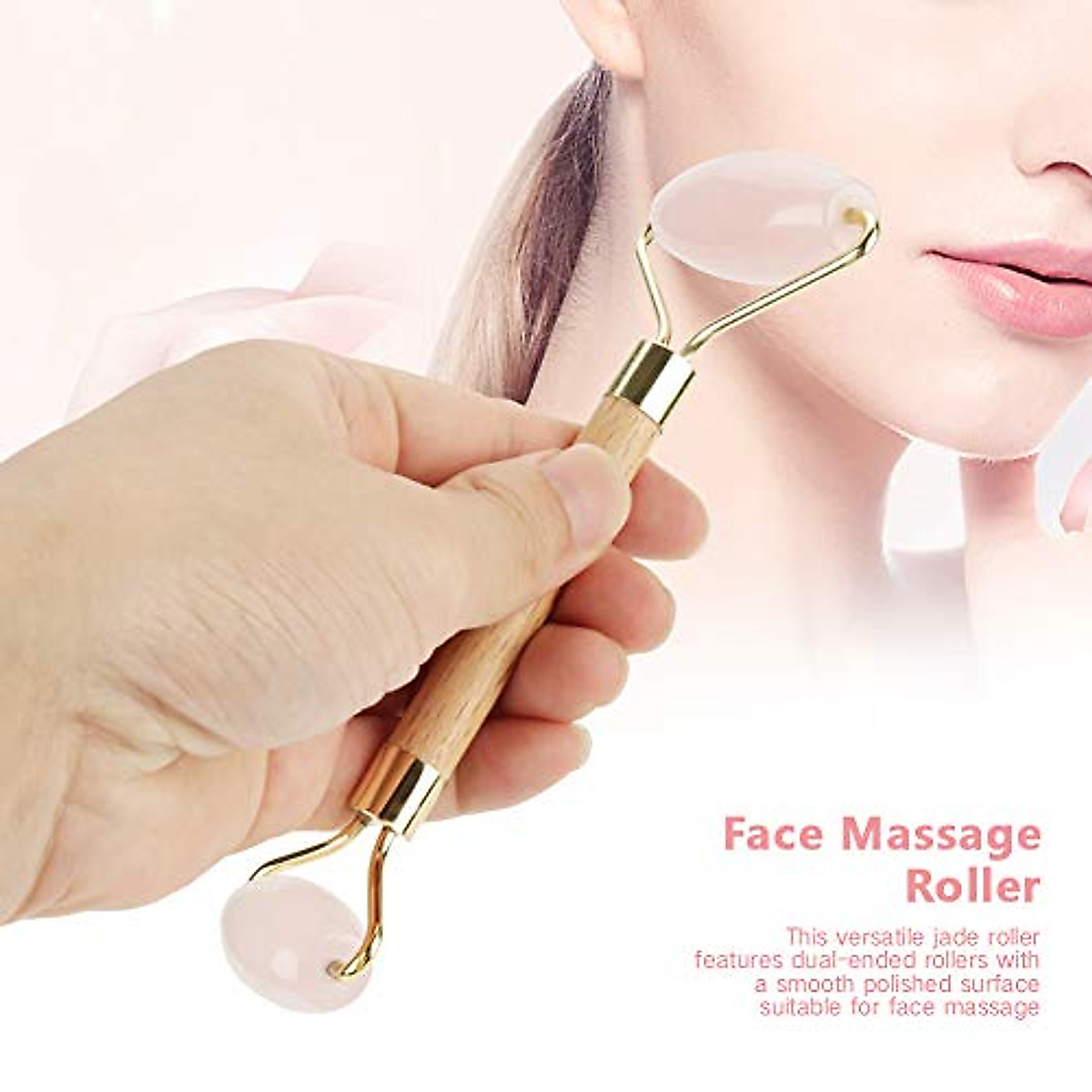 Natural Double Head Rose Quartz Beauty Slimming Natural Jade Facial Roller Face Neck Massage Tool(#02)