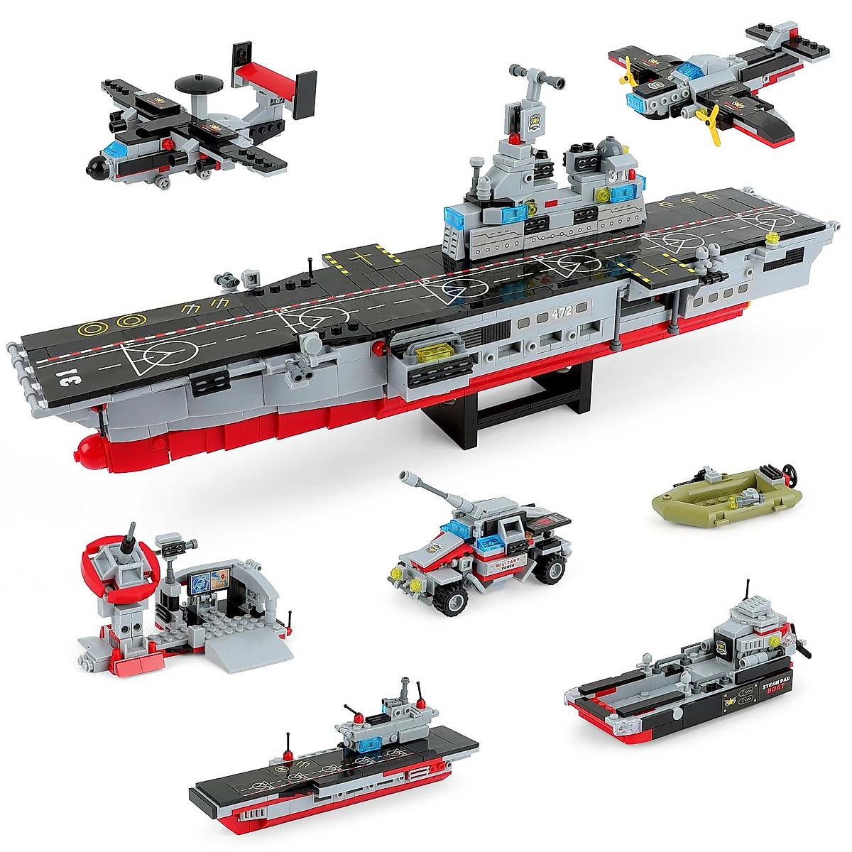 1161 Pieces Aircraft Carrier Building Blocks Set, 13 in 1 Military Battleship Model Building Toy Kit with Armored Tank, Fighter, Patrol Boat & Cannon Roleplay STEM Construction Toys Gift for Kids 6+