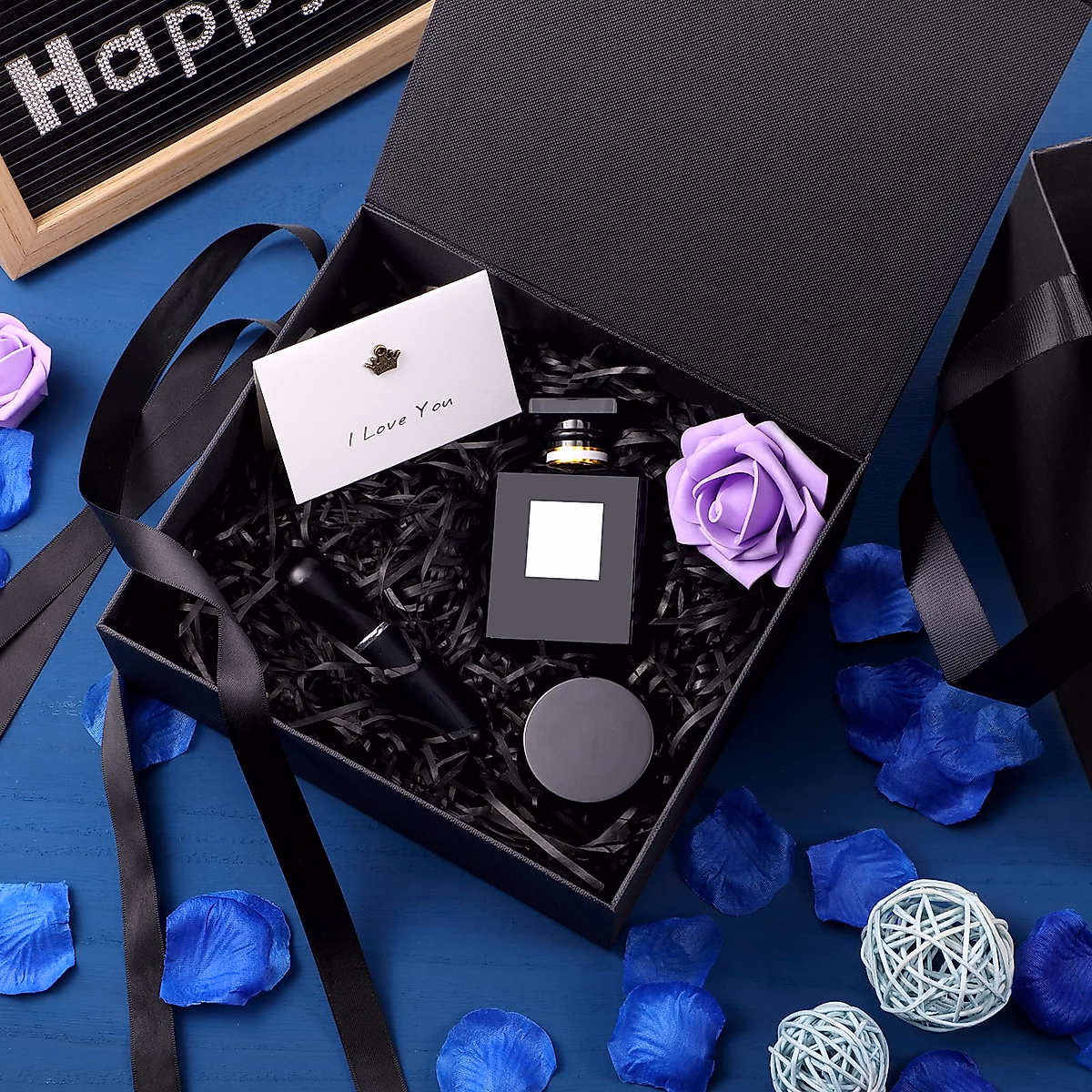 Gift Box 8 x 7 x 3 Inch,Valentines Day Present Box with Lid Paper Bridesmaids Proposal Box with Present Bag Card Ribbon Paper Filler,Gift Boxes for Presents,Wedding Birthdays Gift Packging (Black)