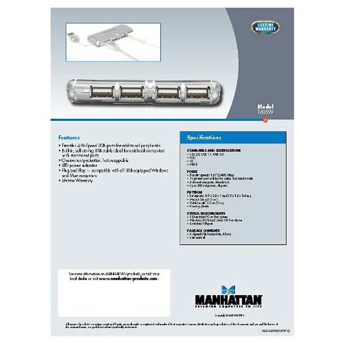 Manhattan 4-Port Hi-Speed USB Pocket Hub - Silver (160599)