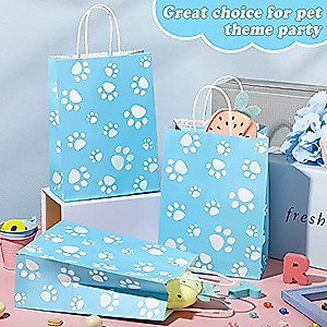 20 Pcs Puppy Dog Paw Print Gift Bags with Paper Twist Handles, Dog Gift Bags Paper Paw Print Treat Goodie Bags for PET Treat Party Favor, 6.3 x 3.1 x 8.6 Inch (Blue Backing)