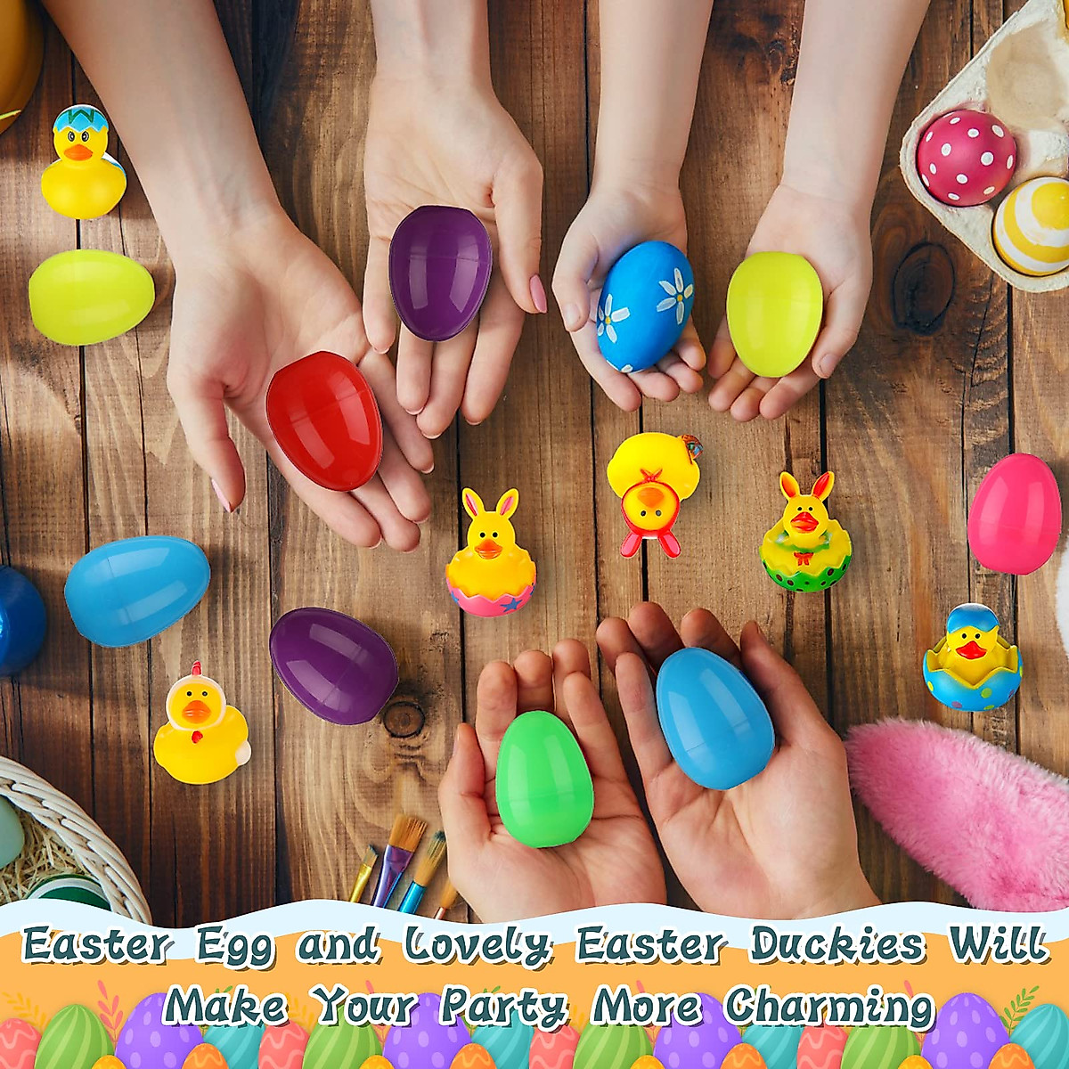 28 Sets Easter Eggs Filled with Rubber Duck, Plastic Egg Prefilled with Assorted Rubber Duck Multicolor Bunny Small Duck for Bathtub Toys, Easter Basket Stuffers and Party Favors, Class Prizes, 56 Pcs