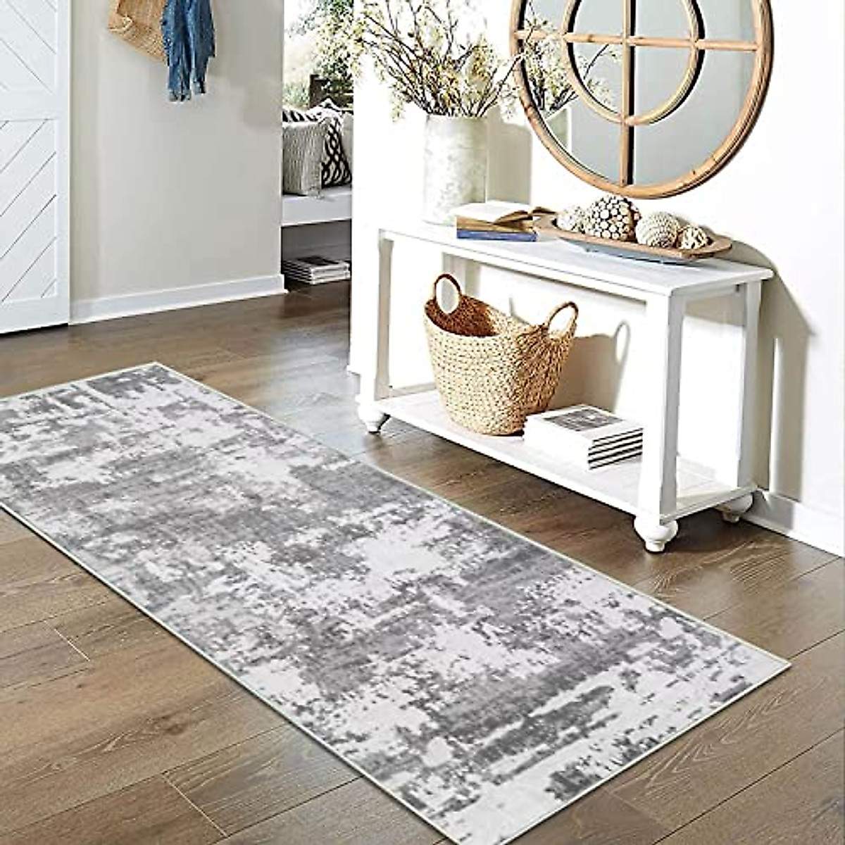 JURLEA Hallway Runner Rug Non-Slip Carpet Runner for Hallways Kitchen Living Room No Shedding Washable Lightweight Long Runners Rug (Cream/Grey, 2'x 6')