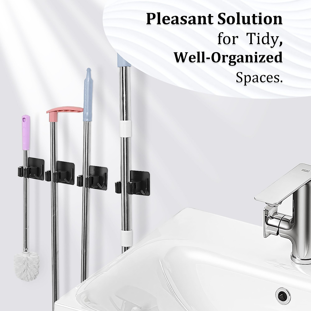 4Pcs Broom and Mop Holder, Stainless Steel Broom Storage Holder, Self Adhesive Anti-Slip Command Broom Holder Wall Mount, Mop Gripper with Hook for Kitchen Bathroom Closet Garden Garage Black