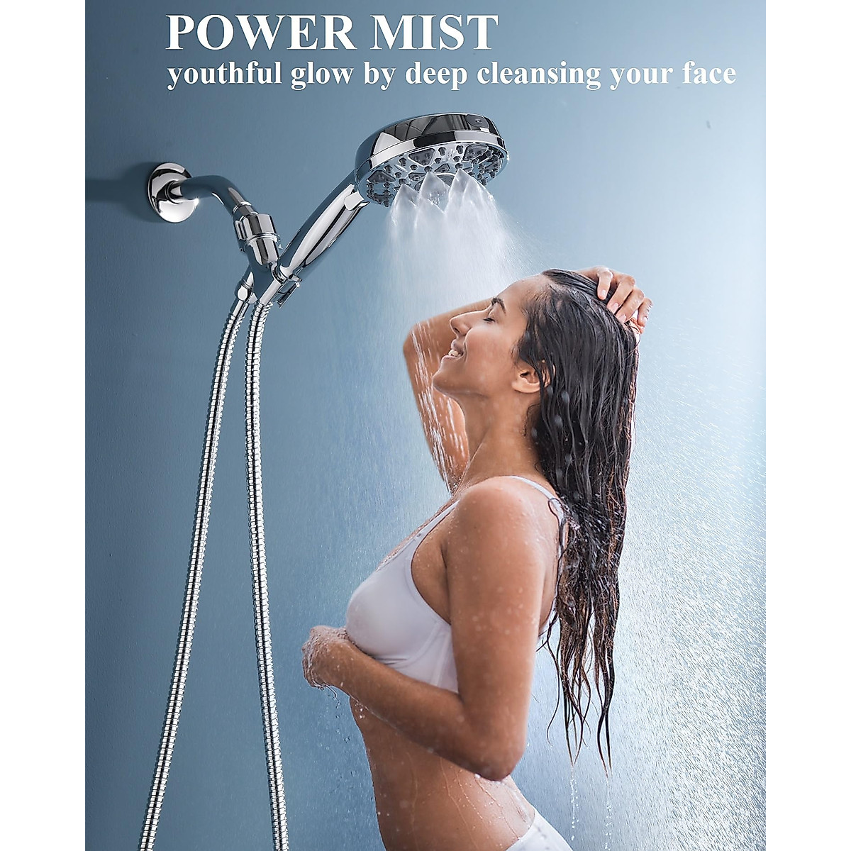 BOWGER Shower Head with Handheld High Pressure Multi-Function 7 modes, Built-in Power Wash to Clear Tub, Tile & Pets, 5” High Flow Hand Held Rain Showerhead with Extra Long Hose and Adjustable Bracket