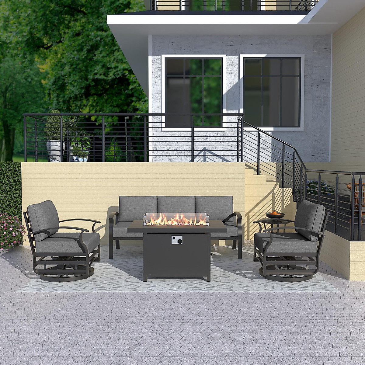 Gotland 5 Seats Outdoor Metal Patio Furniture Set with 2 Swivel Rocking Chairs&55,000 BTU Gas Fire Pit Table w/Glass Wind Guard Patio Conversation Sectional Sofa Sets-Grey