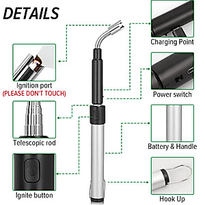Flahonka Electric Arc Long Lighter, Retractable Cool Lighter with A Length of 11.4in-27.55in, Rechargeable Long Neck Lighter Extra Long Lighter for Candles Kitchen Fireplaces Fire Pits (Silver)