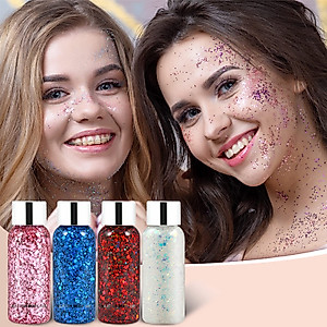 Body Glitter Gel Set 4 Colors Sequins Chunky Glitter Gel Colorful Eyeshadow Glitter Holographic Body Gel for Festival Party Face Makeup Hair Nails Eye Cosmetic Lips Shimmer Pink, Blue, White