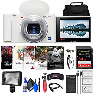 Sony ZV-1 Digital Camera (White) (DCZV1/W) + 64GB Memory Card + Case + 2 x NP-BX1 Battery + Card Reader + LED Light + Corel Photo Software + HDMI Cable + Charger + Flex Tripod + More (Renewed)