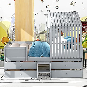 Full Size Wood House Bed Low Loft Bed with 4 Drawers, Playhouse Design Montessori Bed Tent Bed Platform Bed Frames with Safety Fence for Kids Teens Girls & Boys, Strong Sturdy Slats Support (Gray-K)